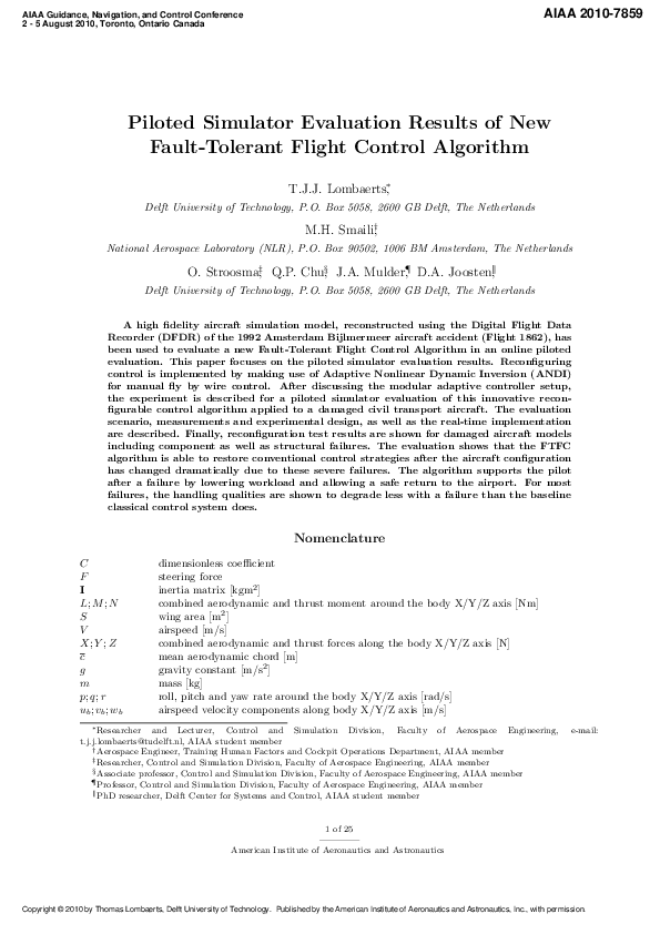 (PDF) Piloted Simulator Evaluation Results of New Fault-Tolerant Flight Control Algorithm