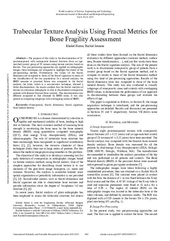 Pdf Trabecular Texture Analysis Using Fractal Metrics For Bone Fragility Assessment Rachid
