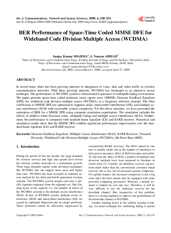 Pdf Ber Performance Of Space Time Coded Mmse Dfe For Wideband Code Division Multiple Access