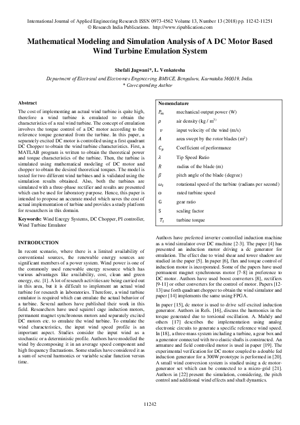 (PDF) Mathematical Modeling and Simulation Analysis of A DC Motor Based Wind Turbine Emulation ...