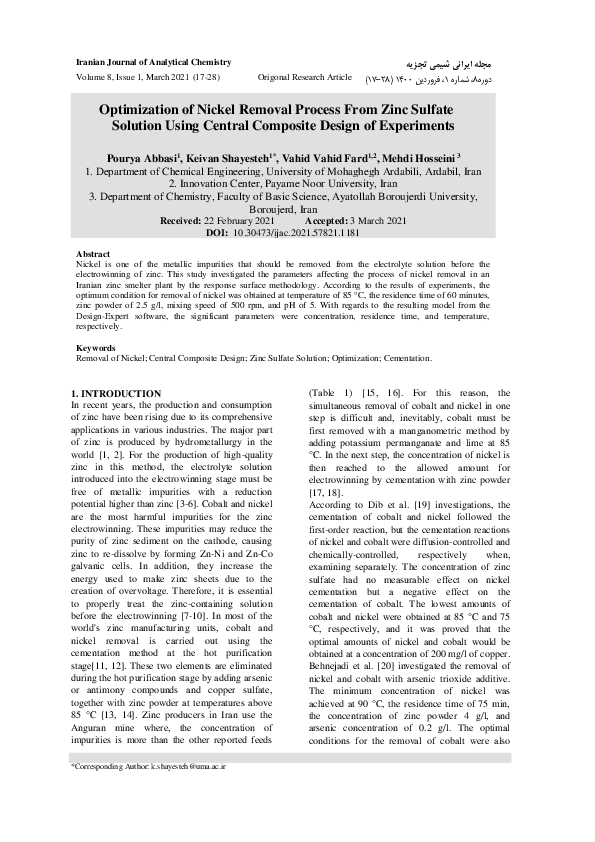 (PDF) Optimization of the Nickel Removal Process From Zinc Sulfate Solution Using Central ...