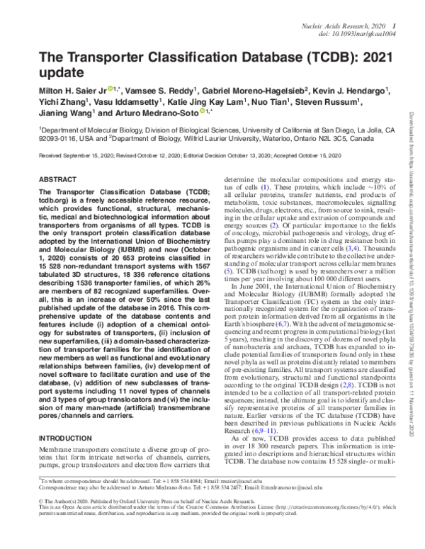 (PDF) The Transporter Classification Database (TCDB): 2021 update