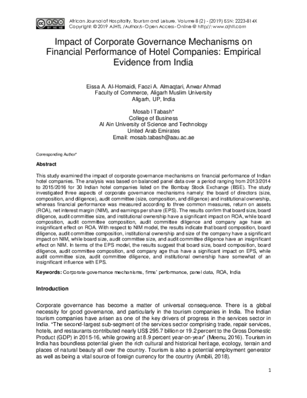 (PDF) Impact of Corporate Governance Mechanisms on Financial Performance of Hotel Companies ...
