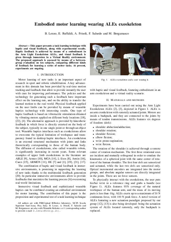 (PDF) Embodied motor learning wearing ALEx exoskeleton