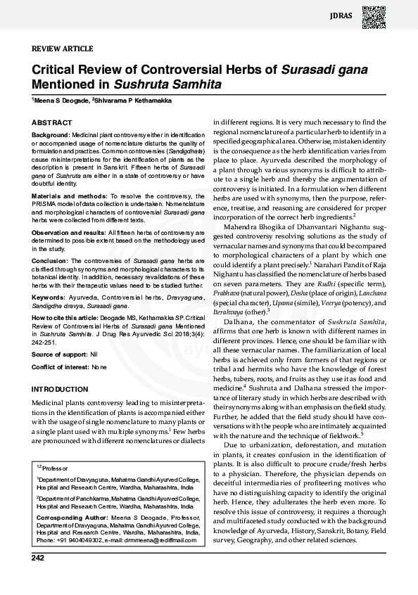 (PDF) Critical Review of Controversial Herbs of Surasadi gana Mentioned ...