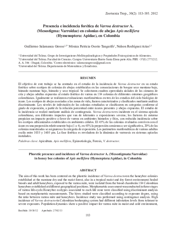 (PDF) Presencia e incidencia forética de Varroa destructor A ...