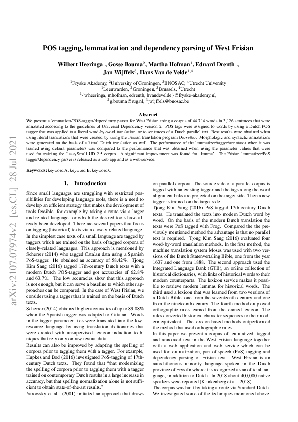(PDF) POS tagging, lemmatization and dependency parsing of West Frisian