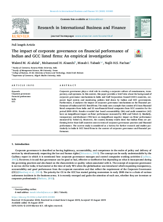 (PDF) The impact of corporate governance on financial performance of Indian and GCC listed firms ...