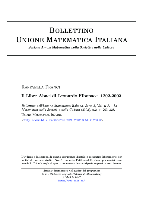 (PDF) Il Liber Abaci di Leonardo Fibonacci 1202-2002