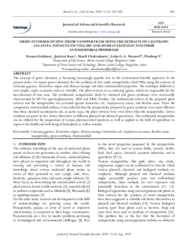 (PDF) Green Synthesis of Zinc Oxide Nanoparticles Using Ixora Coccinea Leaf Extract for Ethanol ...
