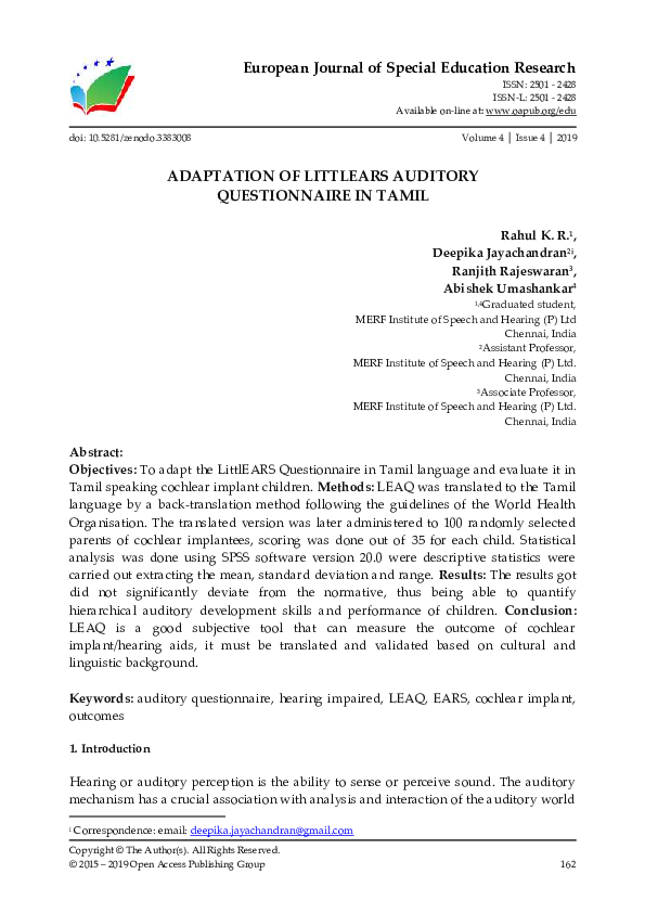 (PDF) Adaptation of Littlears Auditory Questionnaire in Tamil