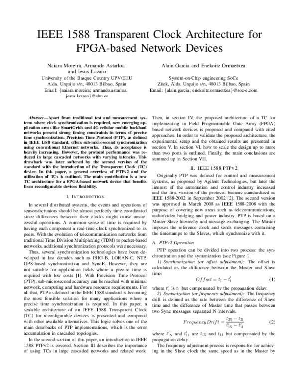 (PDF) IEEE 1588 Transparent Clock architecture for FPGA-based network devices