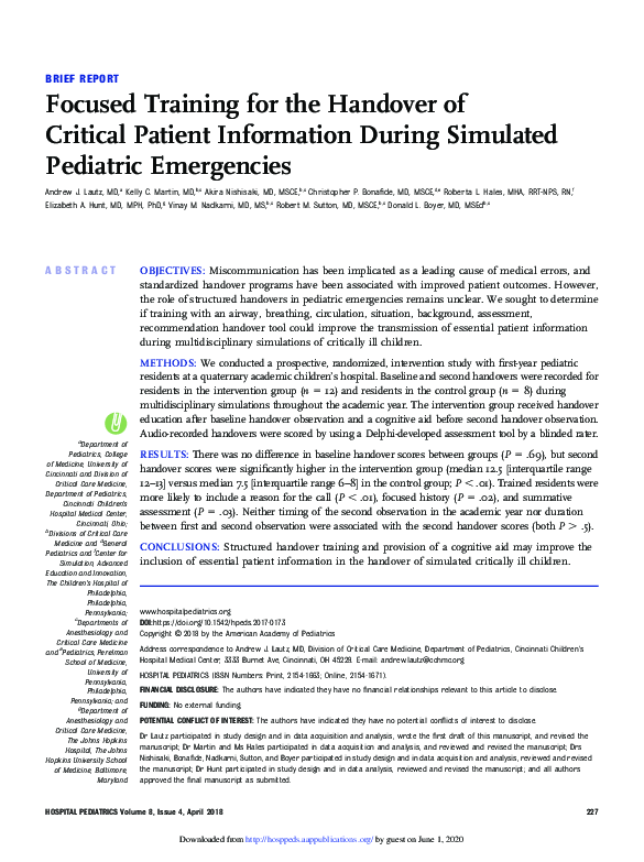 (PDF) Focused Training for the Handover of Critical Patient Information ...