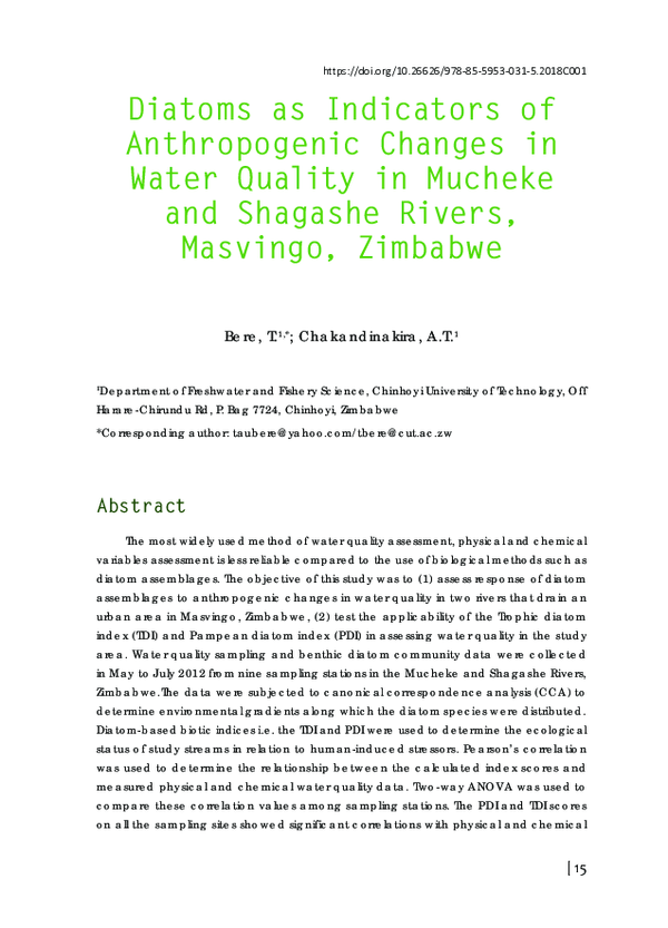 (PDF) Diatoms as Indicators of Anthropogenic Changes in Water Quality ...