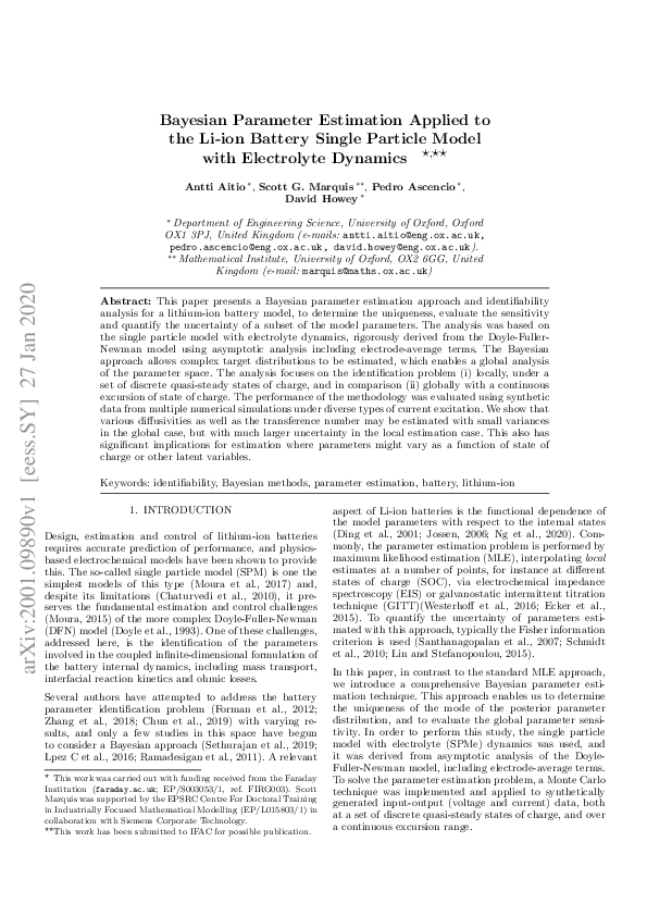 Pdf Bayesian Parameter Estimation Applied To The Li Ion Battery Single Particle Model With