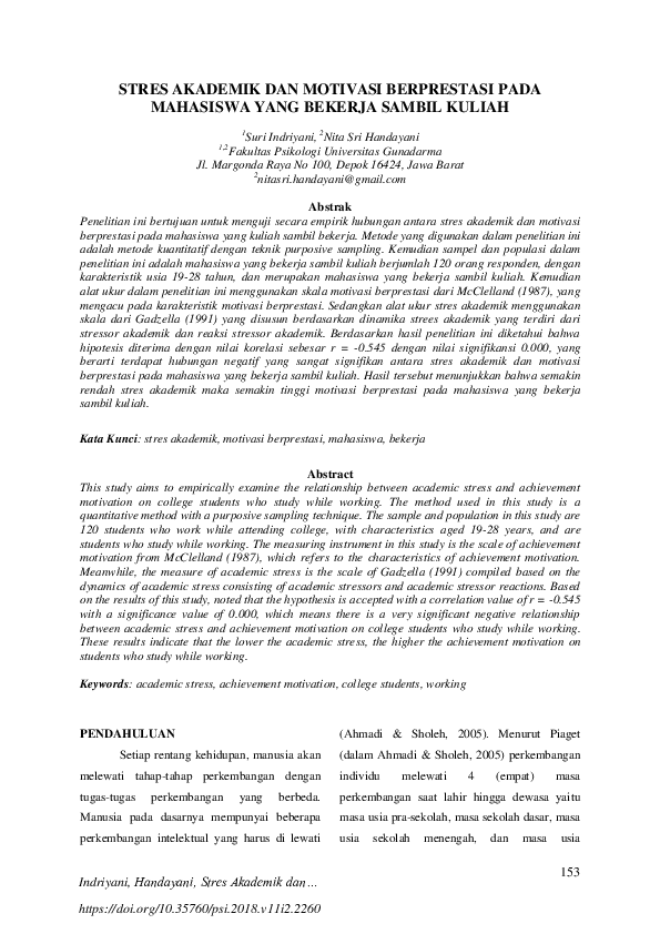 (PDF) Stres Akademik Dan Motivasi Berprestasi Pada Mahasiswa Yang Bekerja Sambil Kuliah
