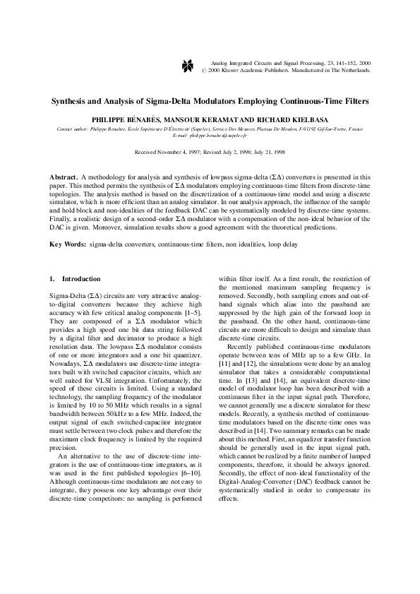 (PDF) Synthesis and Analysis of Sigma-Delta Modulators Employing ... (PDF) Synthesis and Analysis of Sigma-Delta Modulators Employing ...