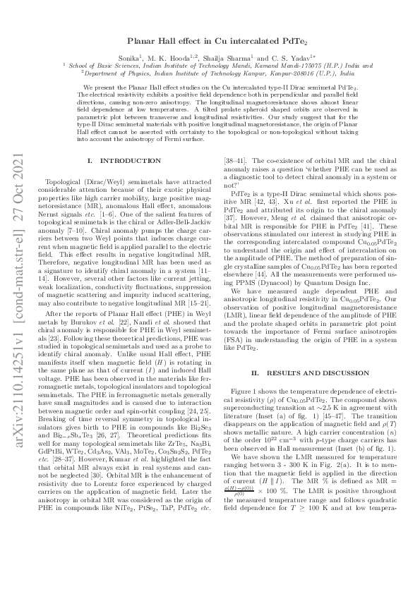 (PDF) Planar Hall effect in Cu intercalated PdTe$_2$