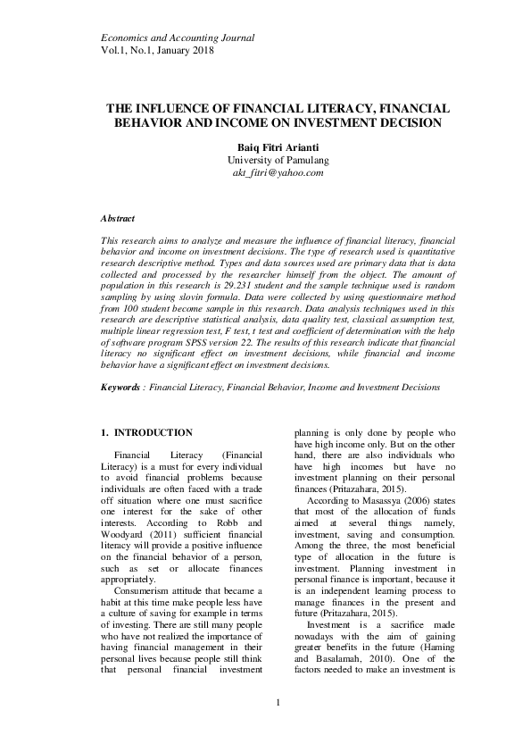 (PDF) The Influence of Financial Literacy, Financial Behavior and ...