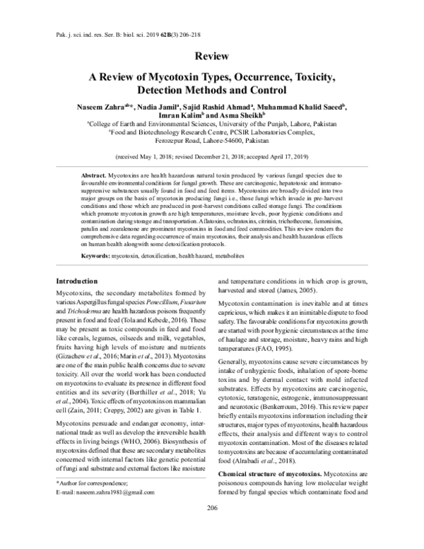 Pdf A Review Of Mycotoxin Types Occurrence Toxicity Detection Methods And Control