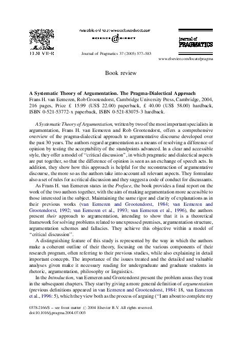 Pdf A Systematic Theory Of Argumentation The Pragma Dialectical Approach