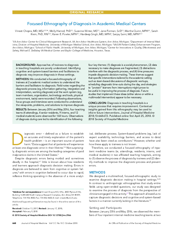(PDF) Focused Ethnography of Diagnosis in Academic Medical Centers