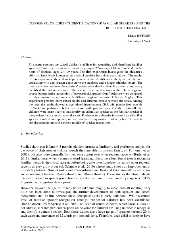(PDF) Pre-School Children's Identification of Familiar Speakers and the ...