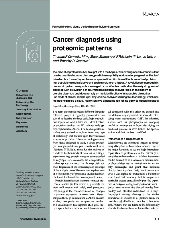 (PDF) Cancer diagnosis using proteomic patterns