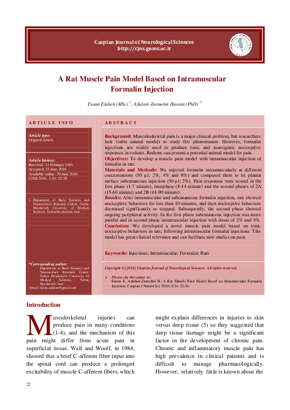 (PDF) A Rat Muscle Pain Model Based on Intramuscular Formalin Injection