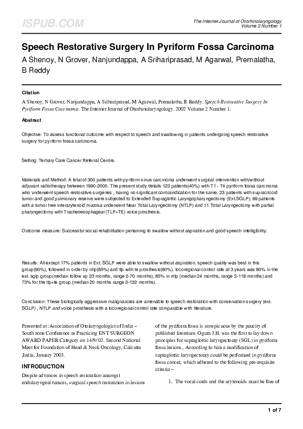 (PDF) Speech Restorative Surgery In Pyriform Fossa Carcinoma