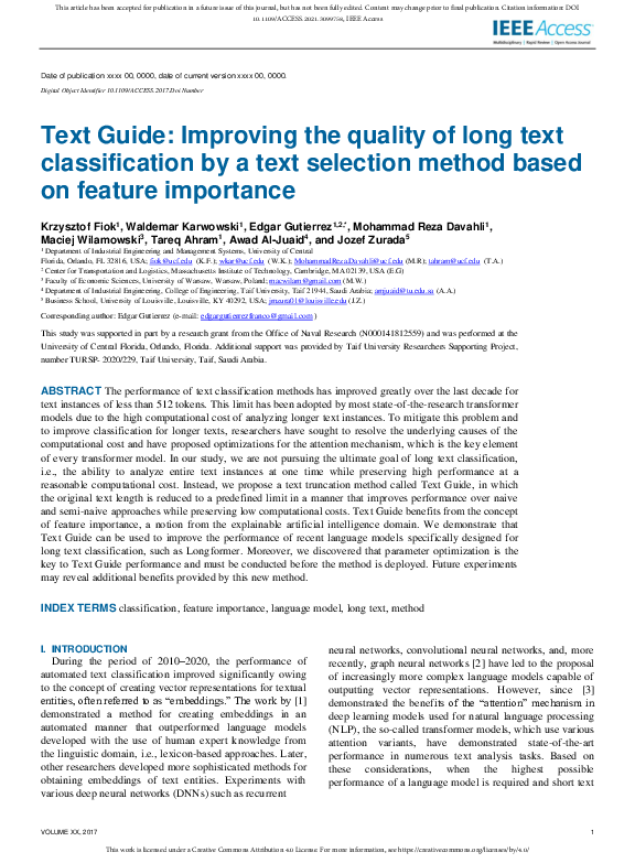 (PDF) Text Guide: Improving the Quality of Long Text Classification by a Text Selection Method ...