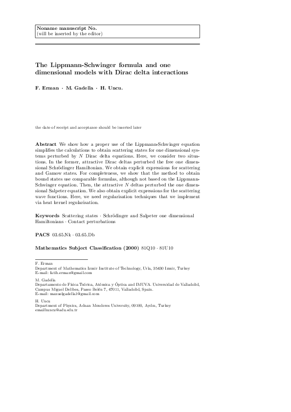 (PDF) The Lippmann–Schwinger Formula and One Dimensional Models with ...