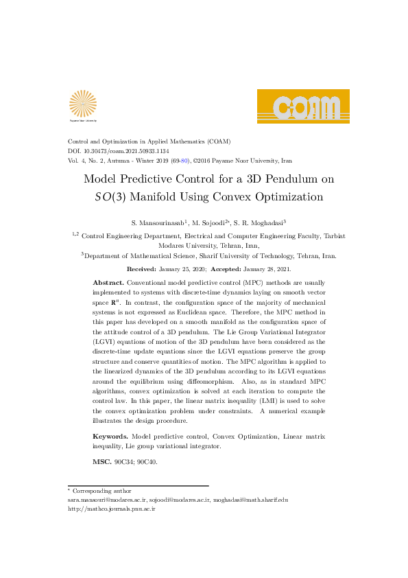 (PDF) Model Predictive Control for a 3D Pendulum on SO(3) Manifold Using Convex Optimization