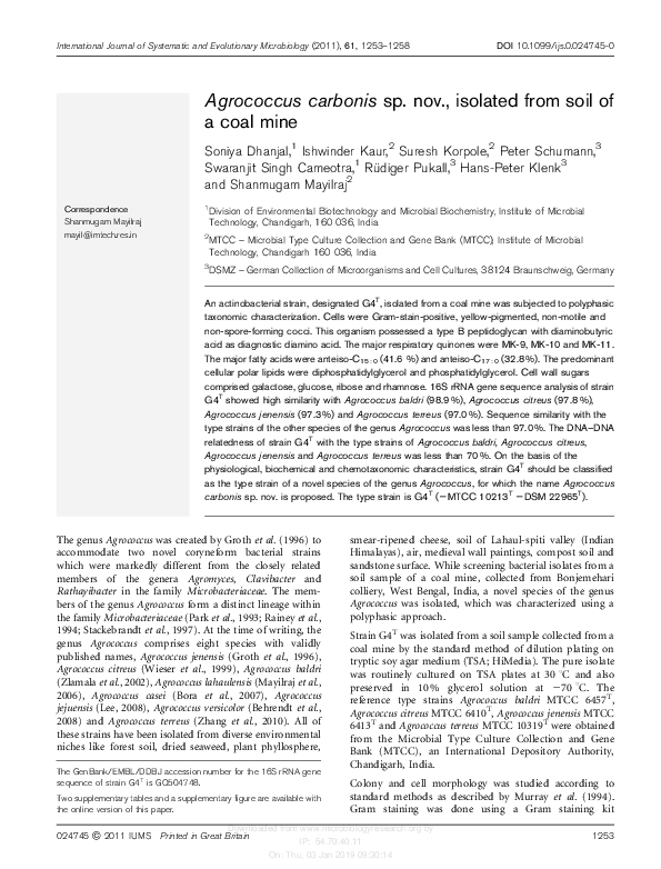 (PDF) Agrococcus carbonis sp. nov., isolated from soil of a coal mine