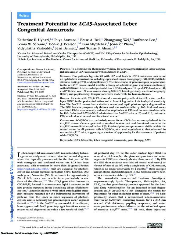 (PDF) Treatment Potential for LCA5-Associated Leber Congenital Amaurosis