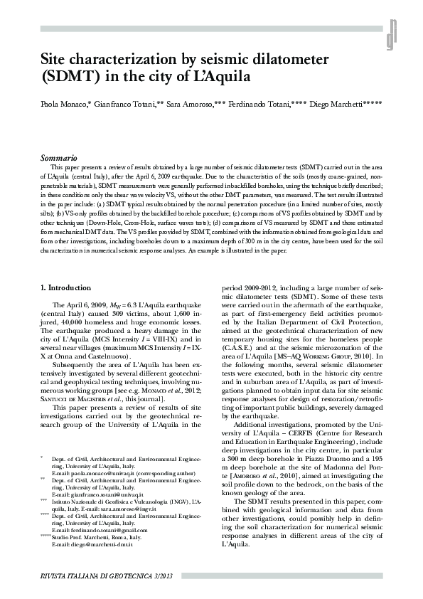 (PDF) Site characterization by seismic dilatometer (SDMT) in the city of L'Aquila