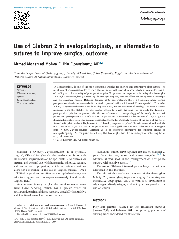(PDF) Use of Glubran 2 in uvulopalatoplasty, an alternative to sutures ...