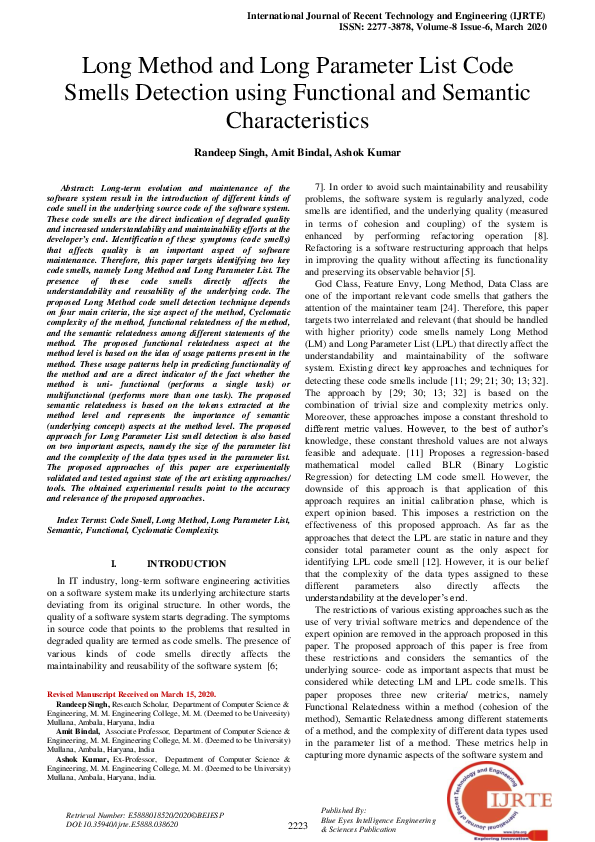 (PDF) Long Method and Long Parameter List Code Smells Detection using ...