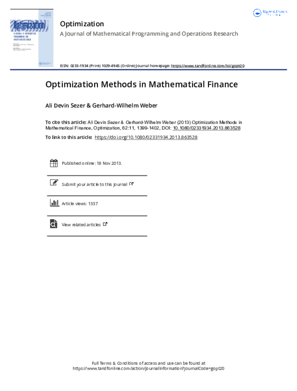 (PDF) Optimization Methods in Mathematical Finance