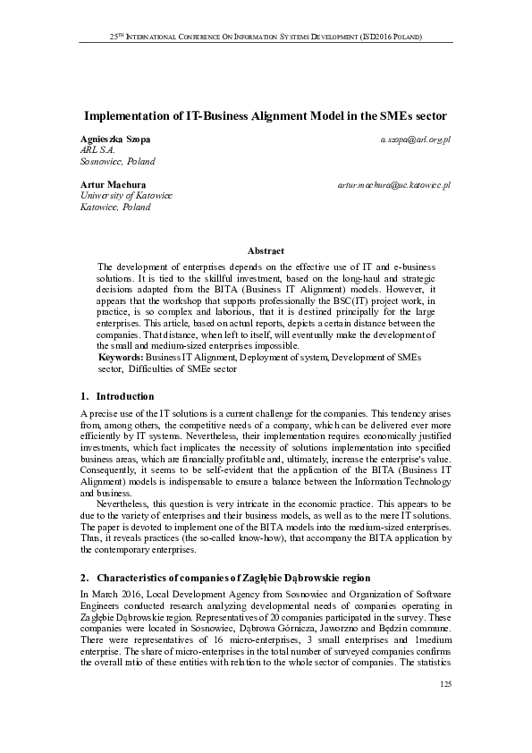 (PDF) Implementation of IT-Business Alignment Model in the SMEs sector