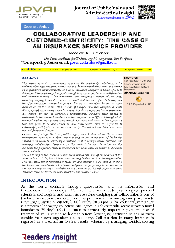 (PDF) Collaborative Leadership and Customer-Centricity: The Case of an ...
