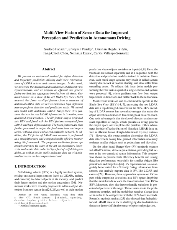 (PDF) Multi-View Fusion of Sensor Data for Improved Perception and Prediction in Autonomous Driving