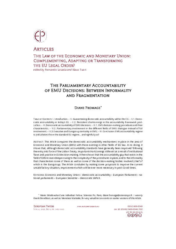 (PDF) The Parliamentary accountability of EMU decisions: Between ...