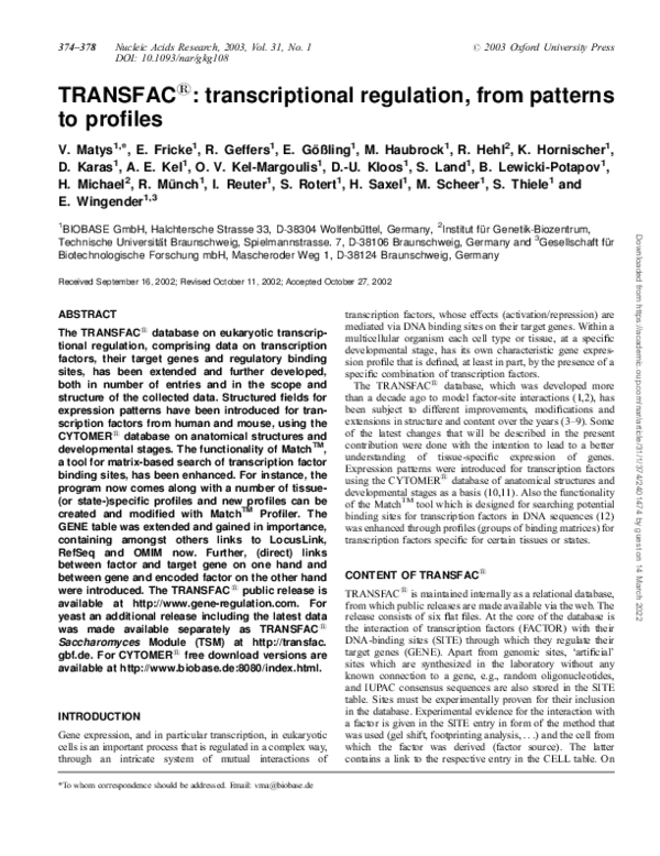 (PDF) TRANSFAC®: transcriptional regulation, from patterns to profiles