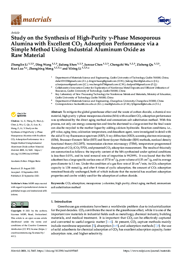 (PDF) Study on the Synthesis of High-Purity γ-Phase Mesoporous Alumina with Excellent CO2 ...