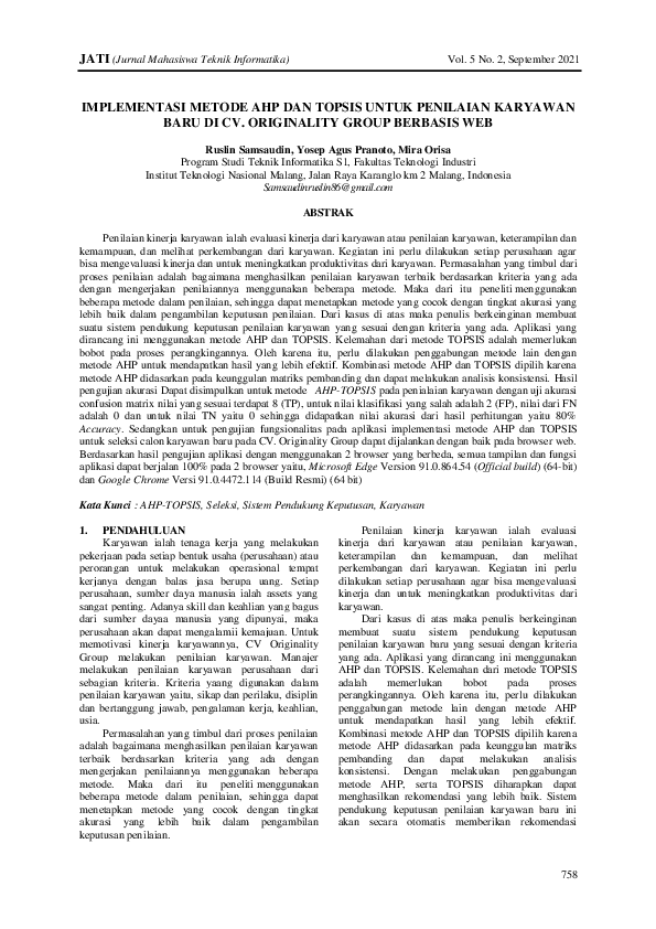 (PDF) Implementasi Metode Ahp Dan Topsis Untuk Penilaian Karyawan Baru DI CV. Originality Group ...