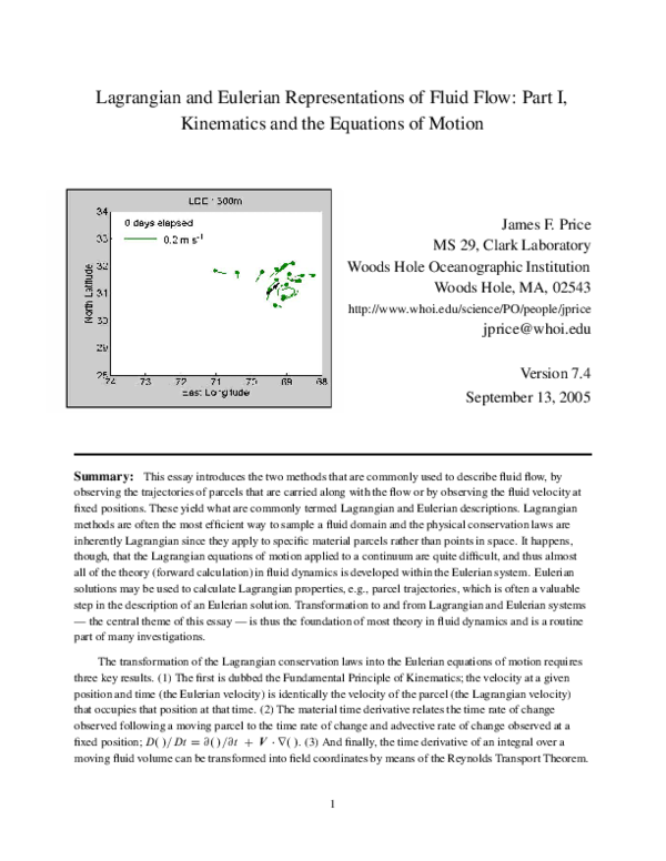 Pdf Lagrangian And Eulerian Representations Of Fluid Flow Part I Kinematics And The