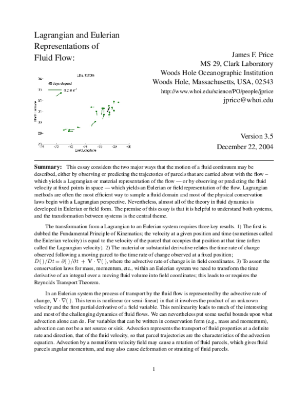 Pdf Lagrangian And Eulerian Representations Of Fluid Flow