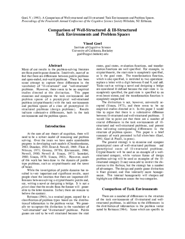 Pdf Comparison Of Well Structured And Ill Structured Task Environments And Problem Spaces