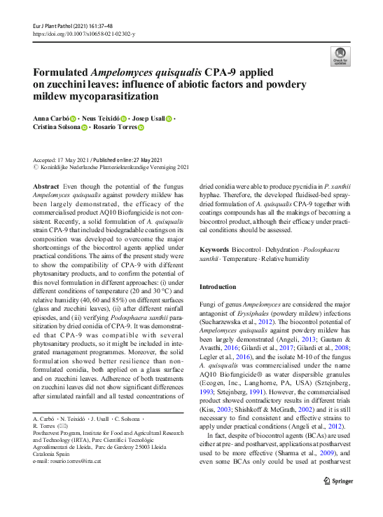 (PDF) Formulated Ampelomyces quisqualis CPA-9 applied on zucchini ...